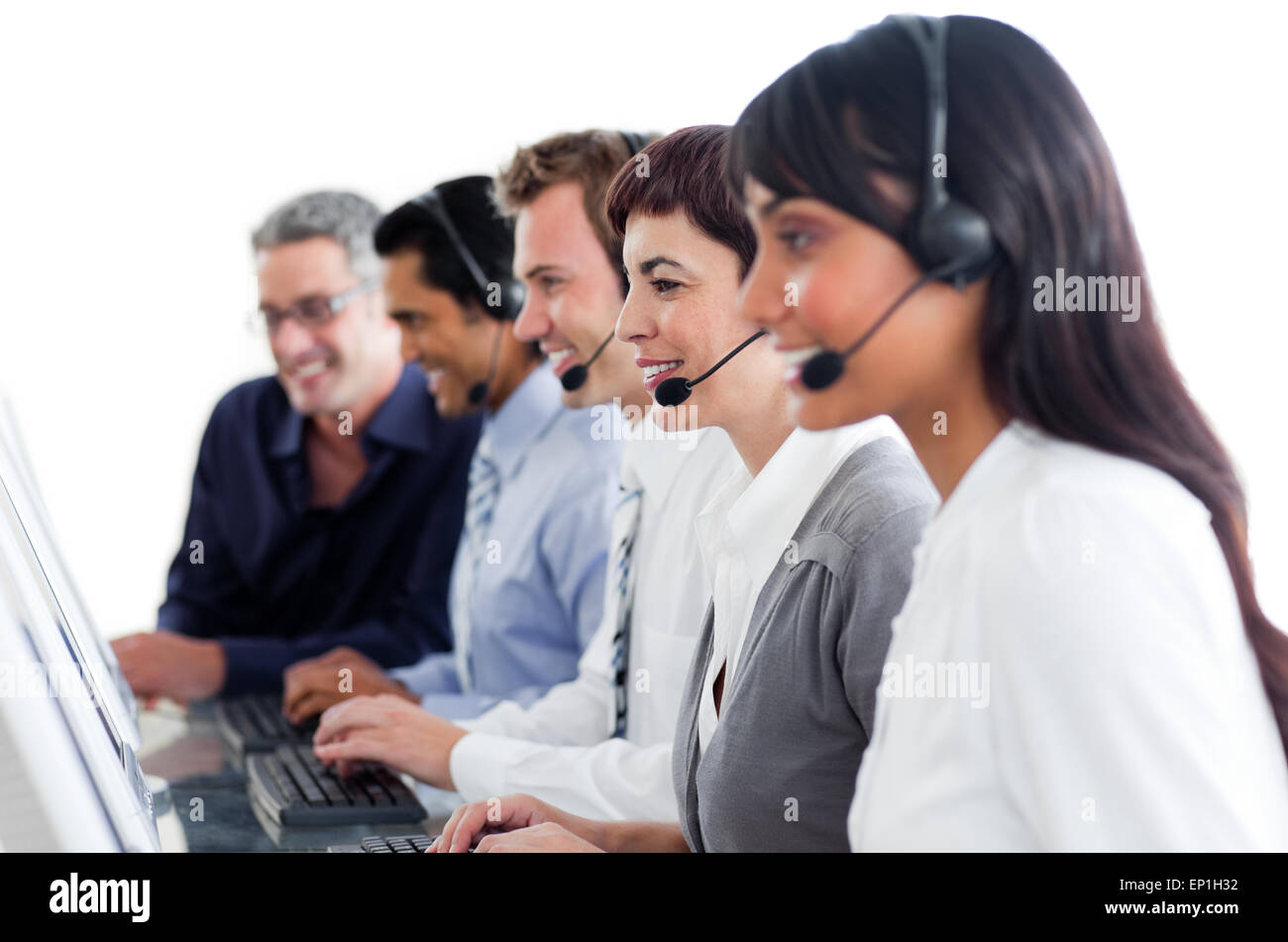 Portrait of business people working in a call center Stock Photo - Alamy