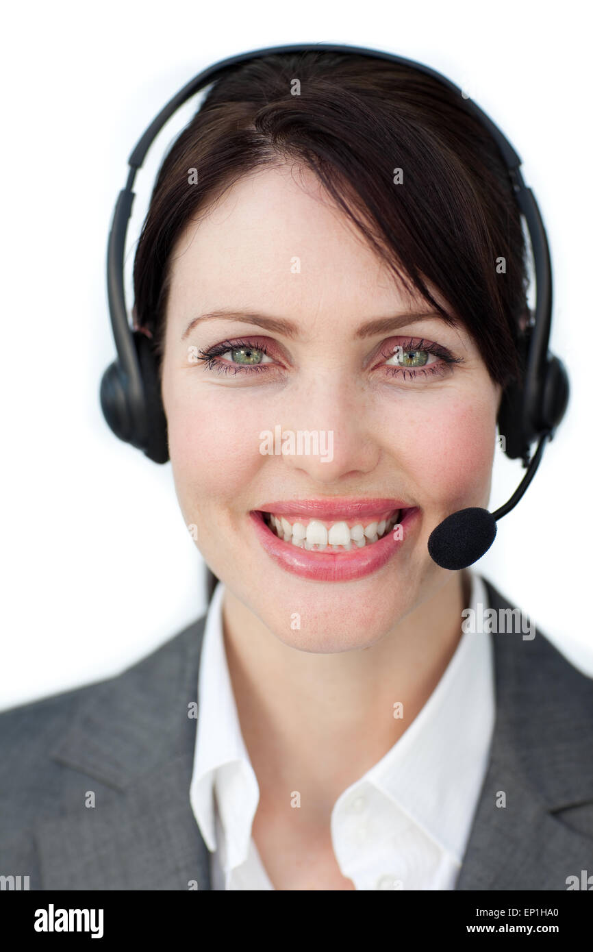 Radiant customer service agent using headset Stock Photo - Alamy