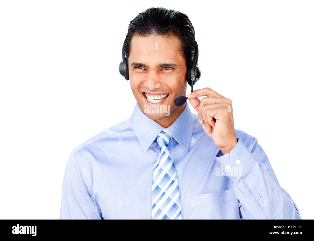 Smiling customer service agent with headset on against a white ...