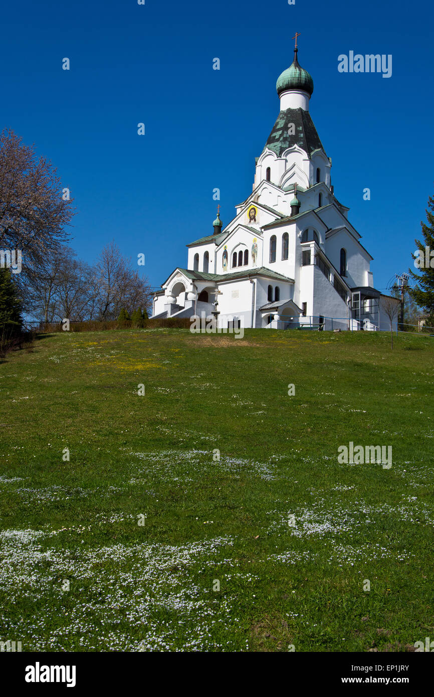 White building of russian orthodox church in Medzilaborce, Slovakia ...