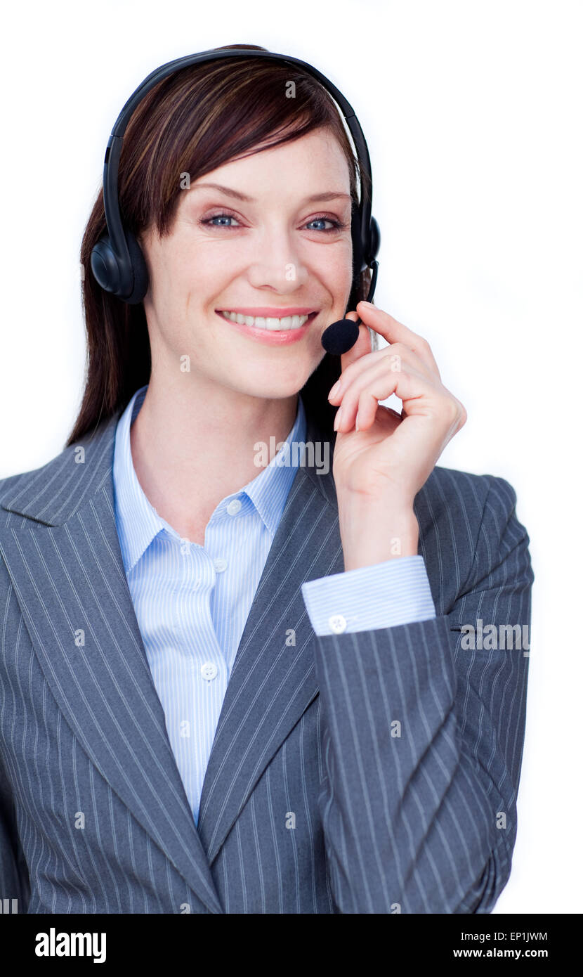 Attractive customer service agent with headset on Stock Photo - Alamy
