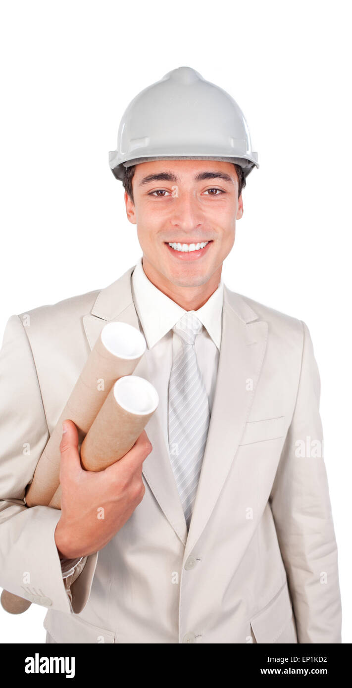 Young ethnic architect wearing a hardhat isolated on a white background ...