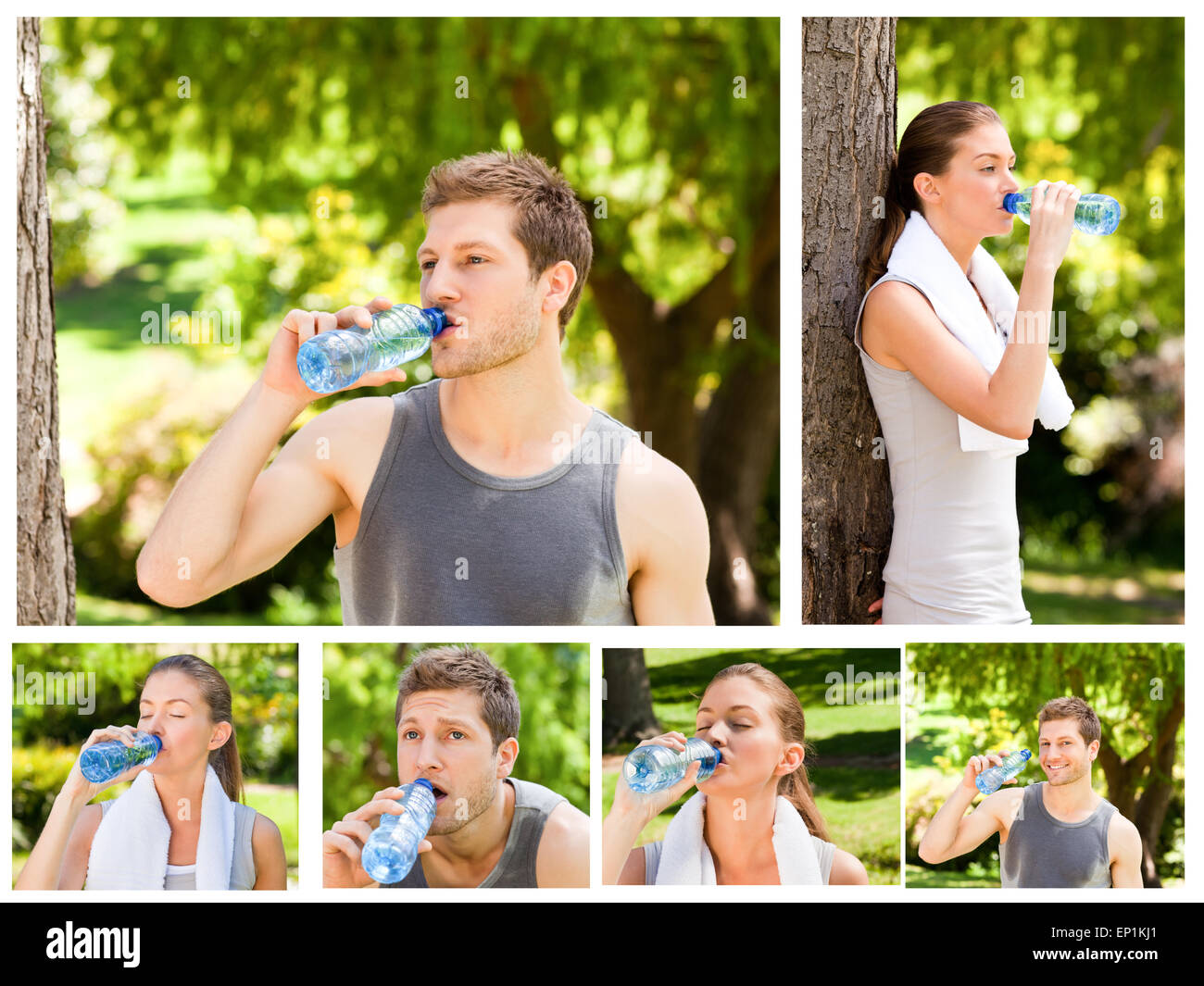Collage of a young couple drinking water after the gym Stock Photo - Alamy