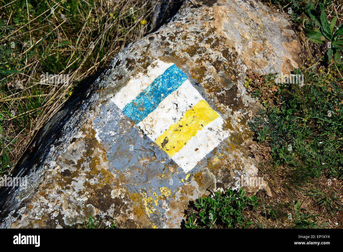 Blue and yellow tourist trail sign painted on a rock Stock Photo - Alamy