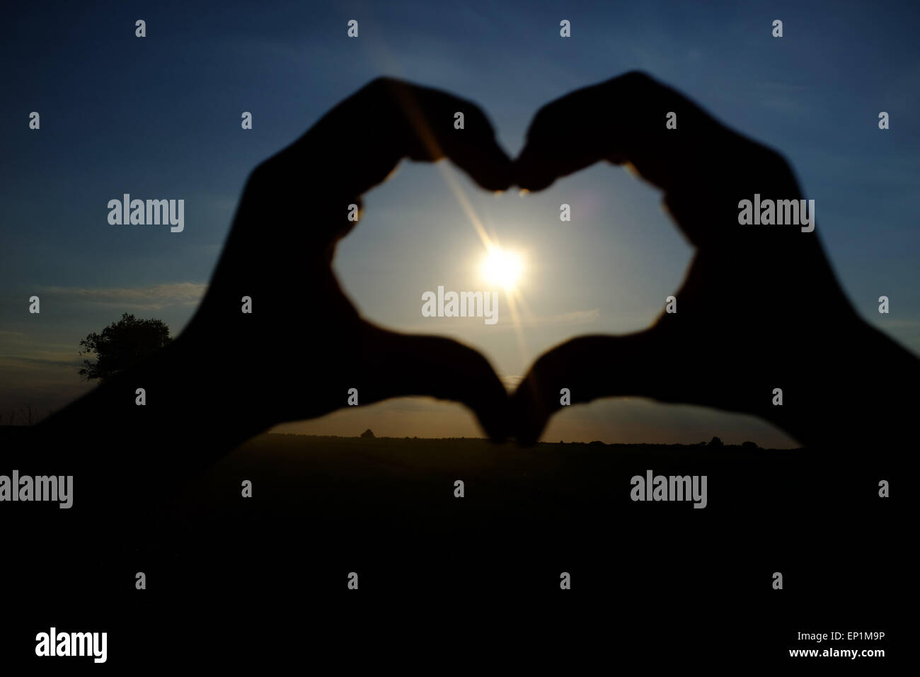 Hands showing heart symbol, beautiful sunset landscape in the ... Hands showing heart symbol, beautiful sunset landscape in the ...