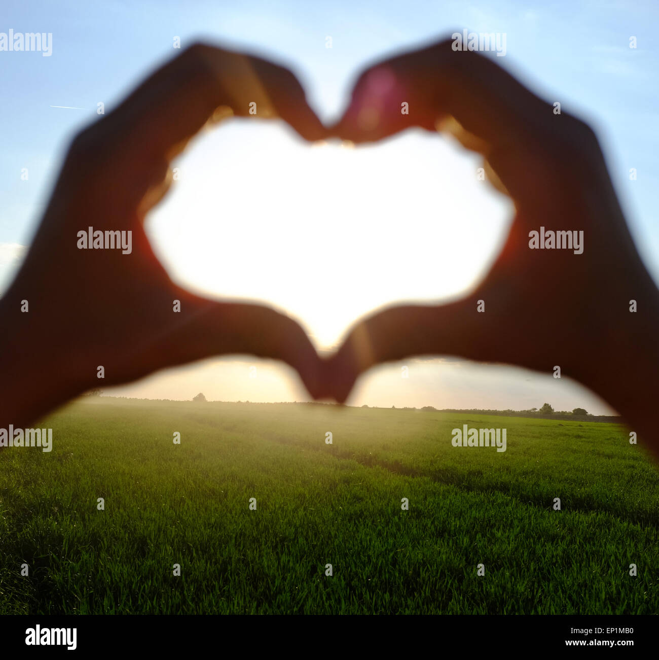 Hands showing heart symbol, beautiful sunset landscape in the ... Hands showing heart symbol, beautiful sunset landscape in the ...