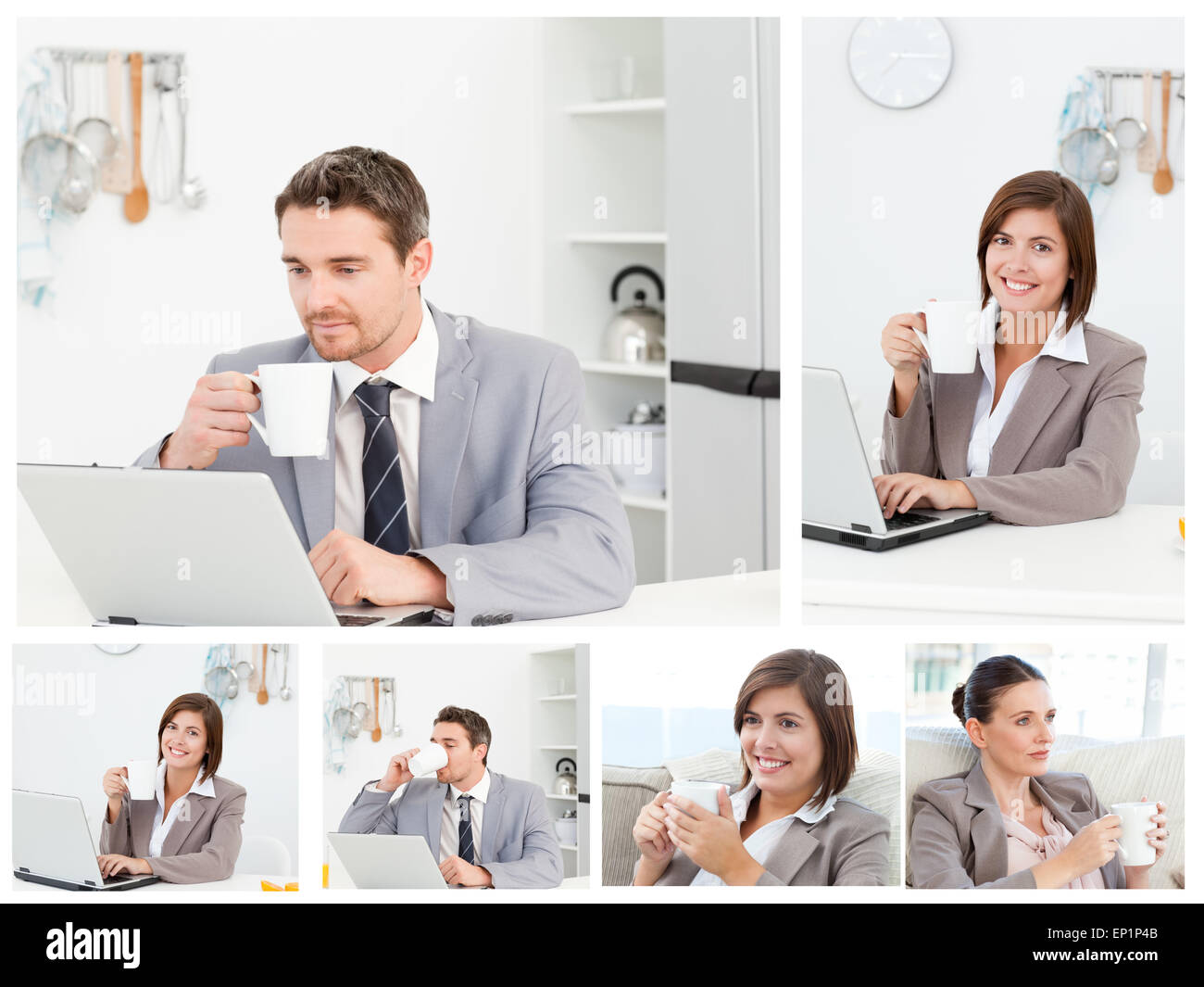 Collage of business workers working on their laptop and having a cup of ...