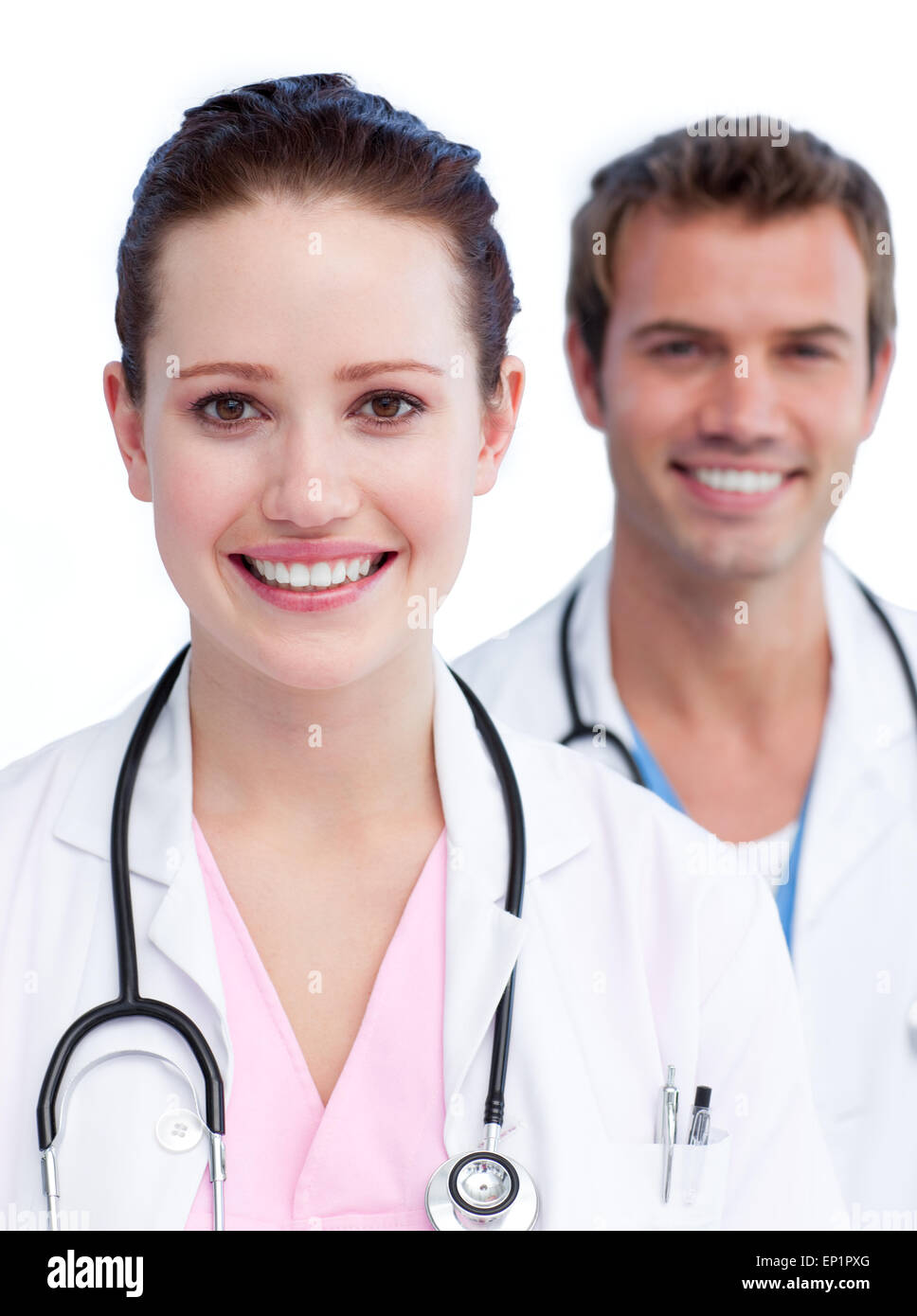 Presentation of a young medical team against a white background Stock ...