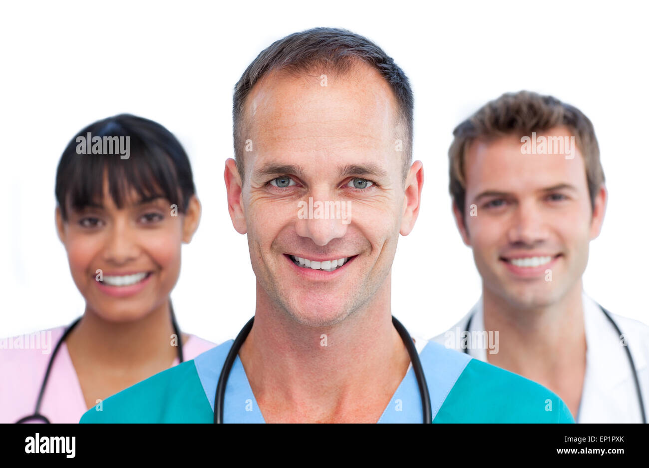 Presentation of an international medical team against a white ...