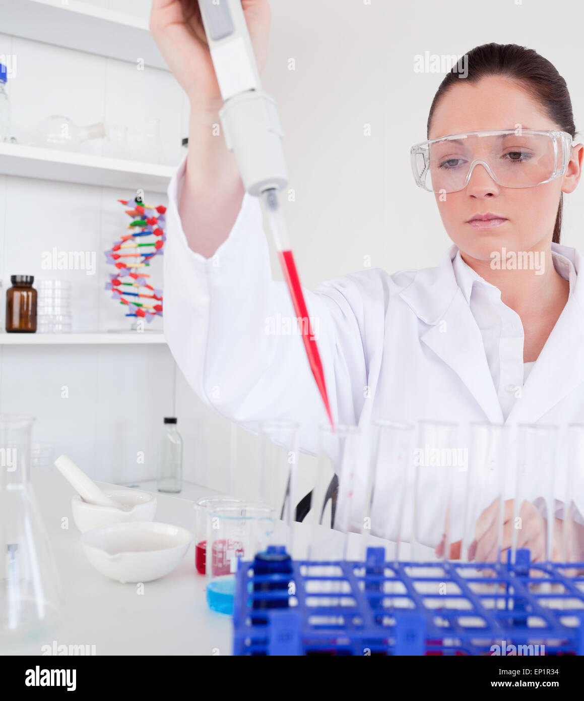 Gorgeous female biologist holding a manual pipette with sample from ...
