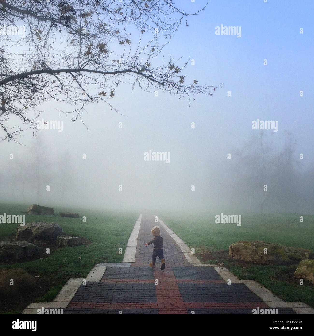 Boy running down path laughing Stock Photo - Alamy