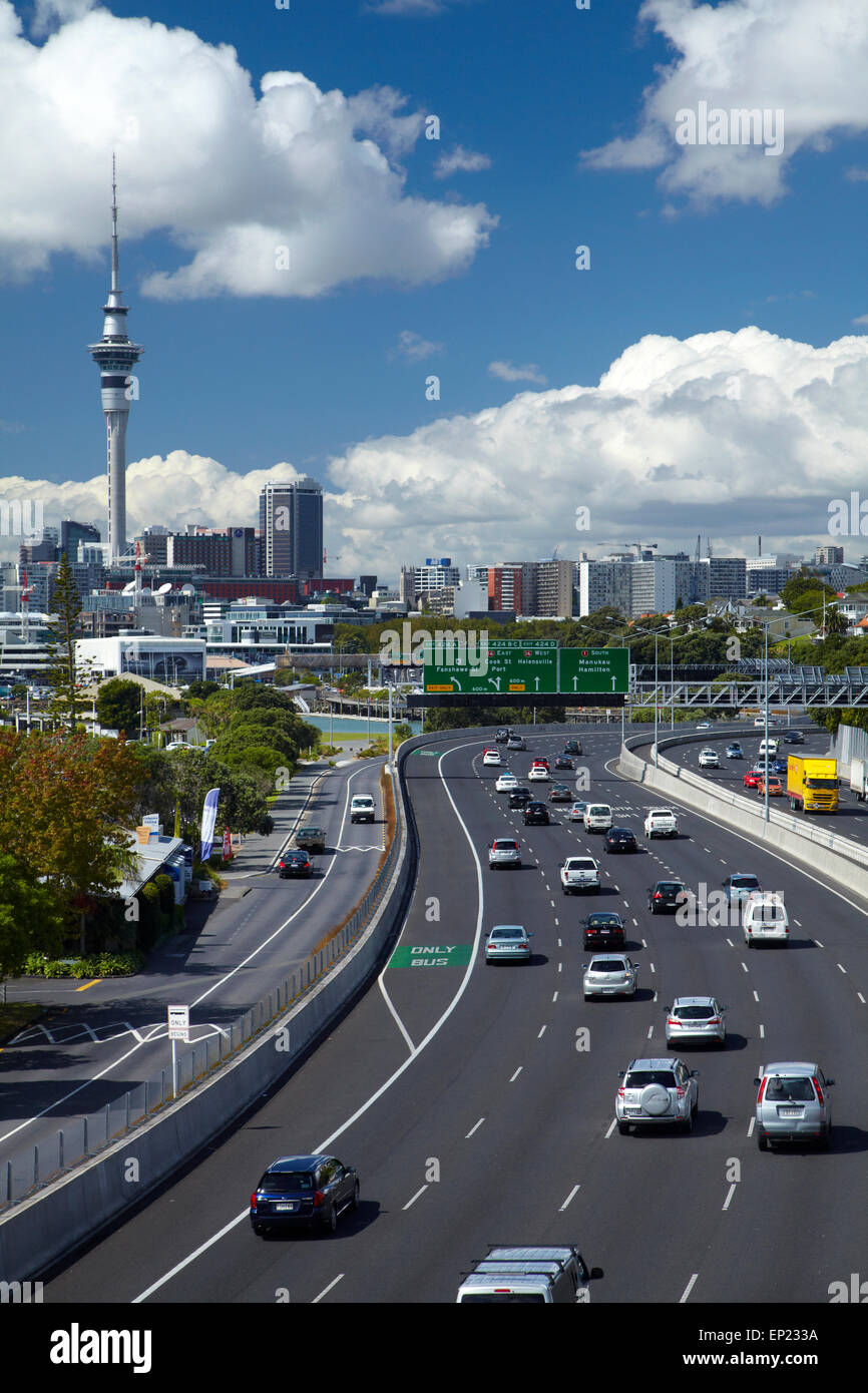 Northern Motorway and Skytower, Auckland, North Island, New Zealand ...