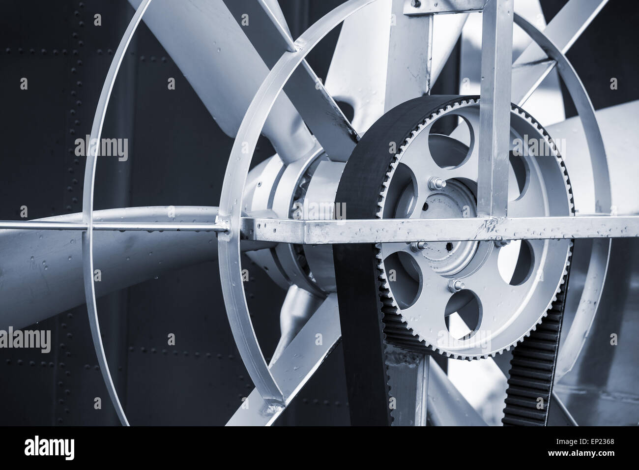 Hovercraft propeller with traction belt, close up monochrome fragment ...