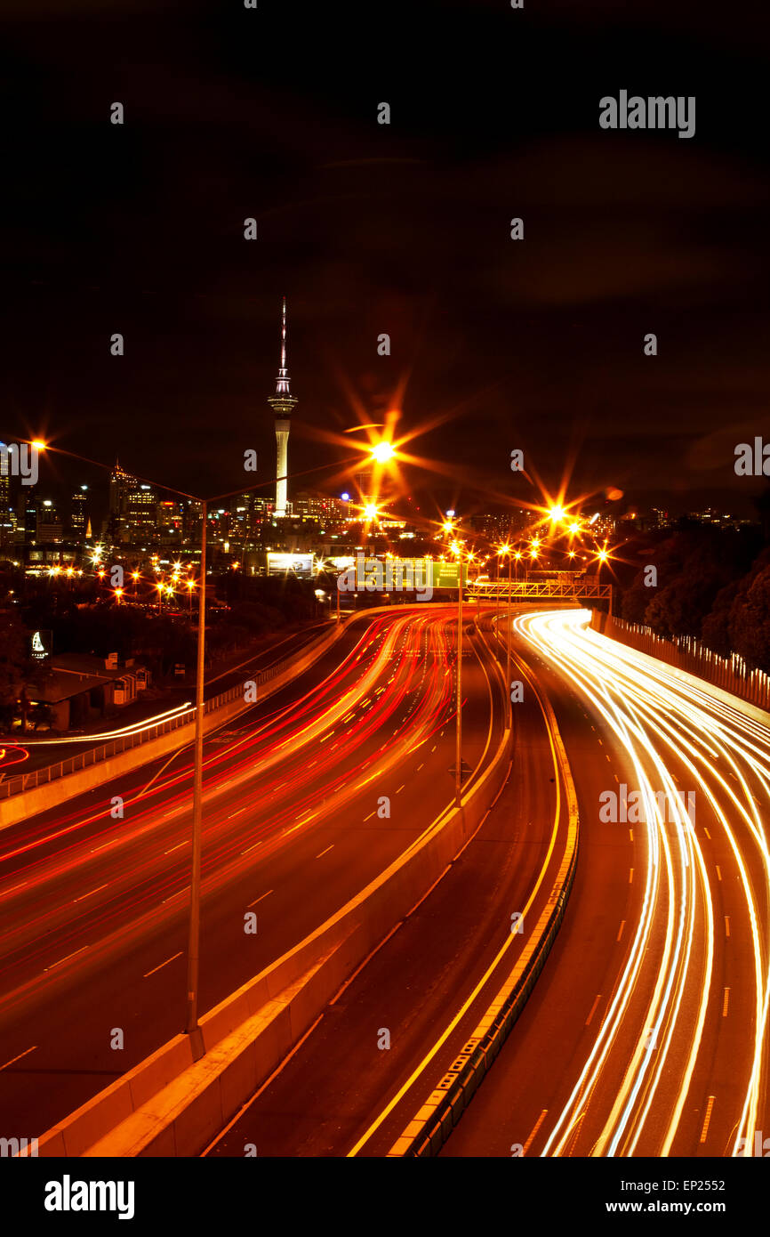 Northern Motorway and Skytower at night, Auckland, North Island, New ...