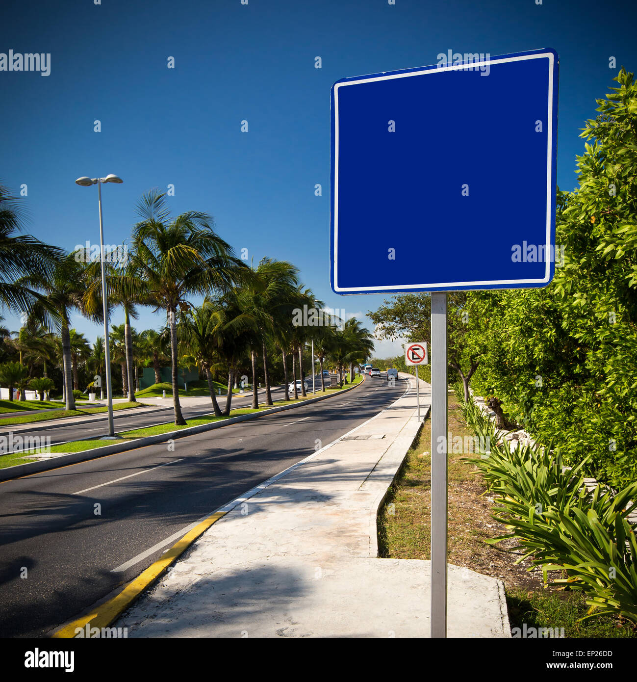 Empty blue road sign. Tropical street Stock Photo - Alamy