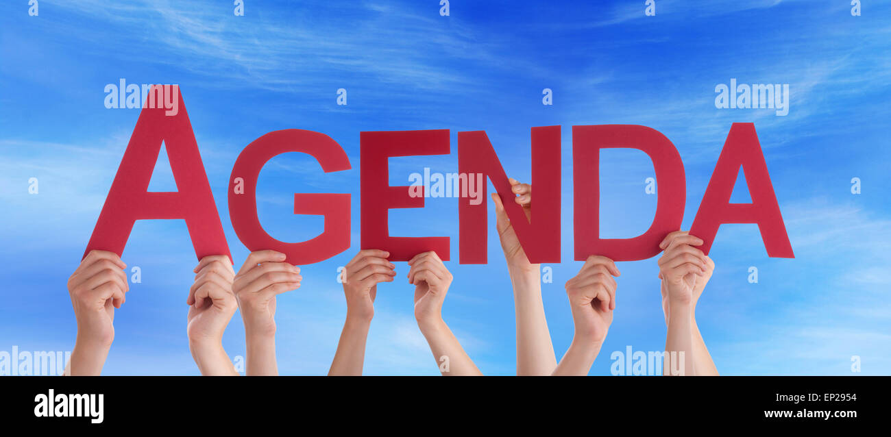 Hands Holding Red Straight Word Agenda Blue Sky Stock Photo - Alamy