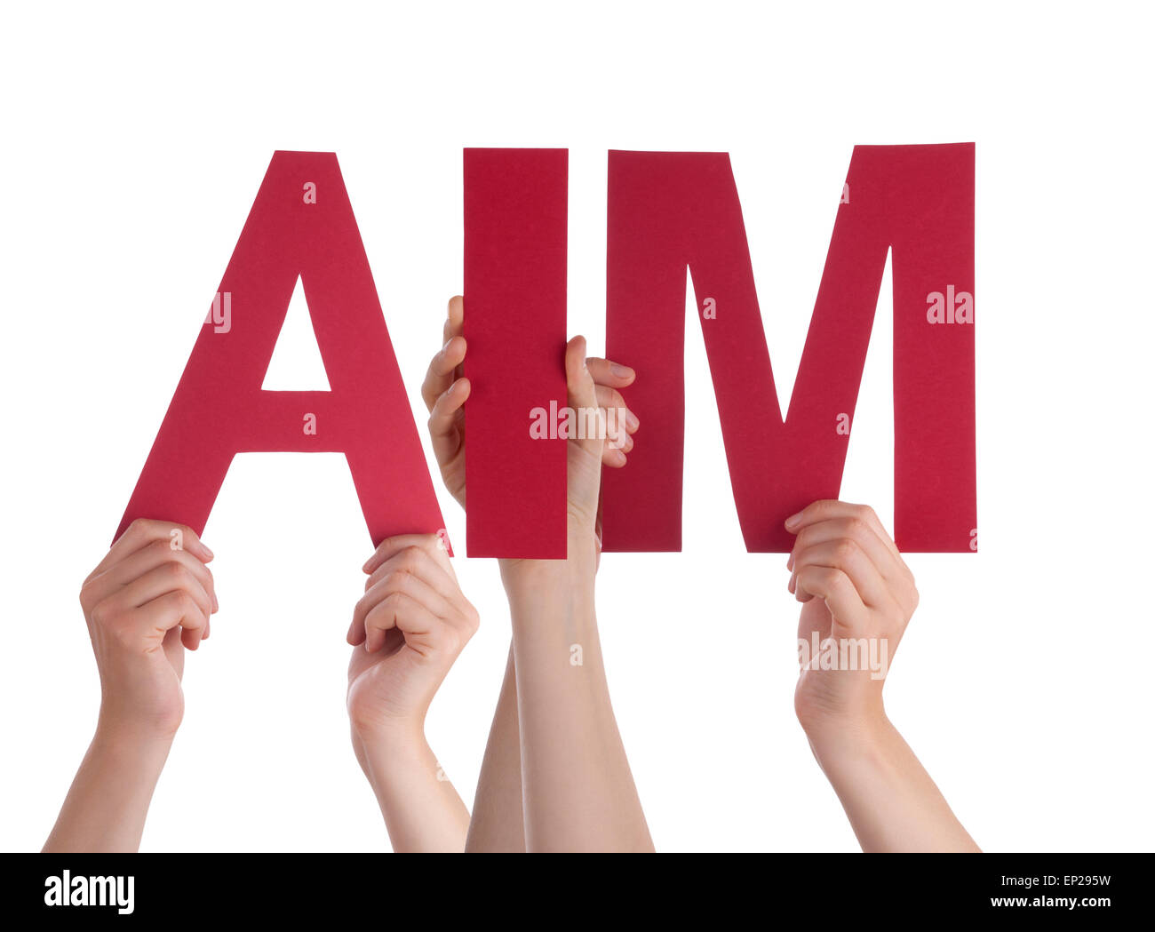 Many People Hands Holding Red Straight Word Aim Stock Photo - Alamy