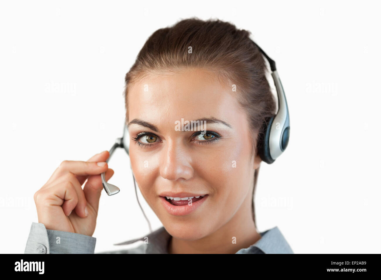 Close up of talking female call center agent Stock Photo - Alamy