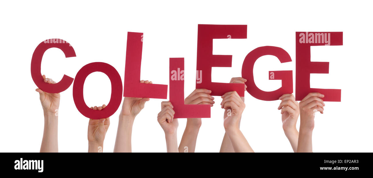 Many People Hands Holding Red Word College Stock Photo - Alamy