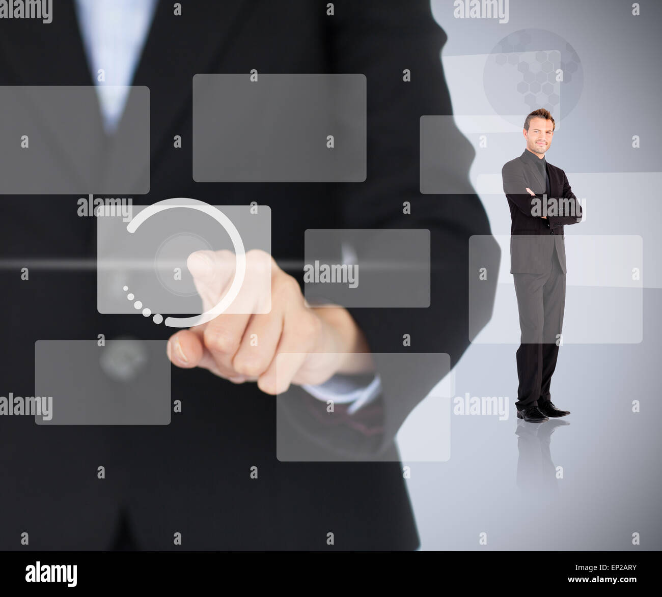 Woman touching digital menu withman standing in the background Stock ...