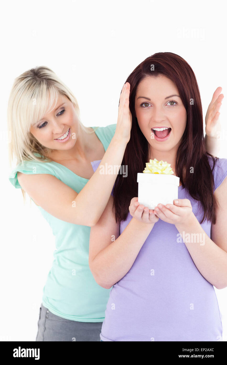 Young woman giving a gift to her friend Stock Photo - Alamy