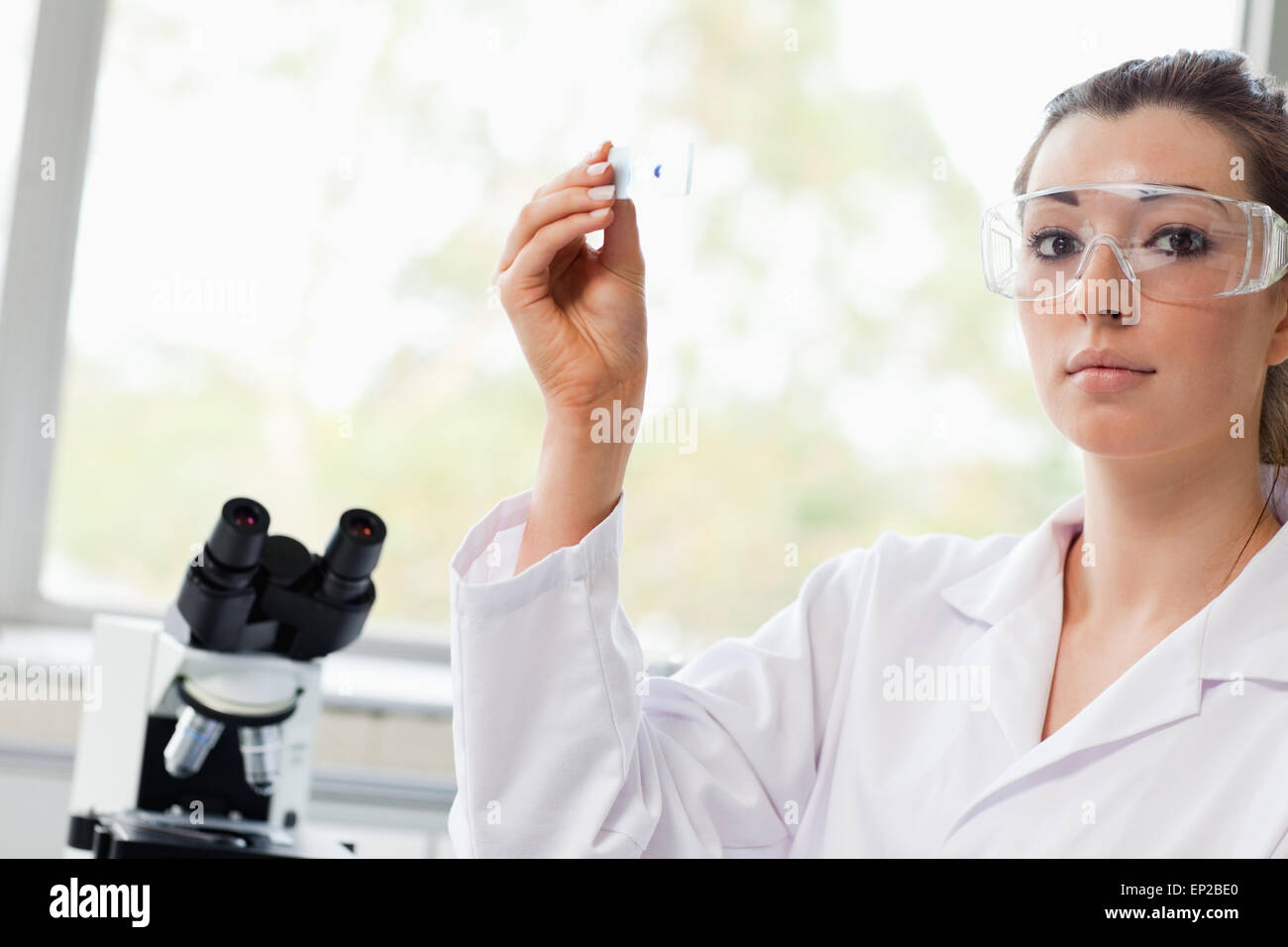 Beautiful science student holding a microscope slide Stock Photo - Alamy