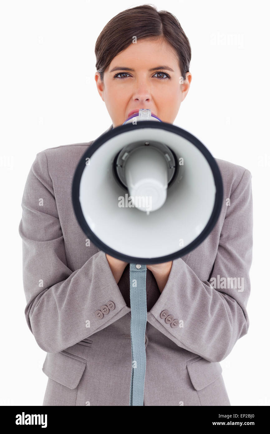 Close up of female entrepreneur shouting through megaphone Stock Photo ...