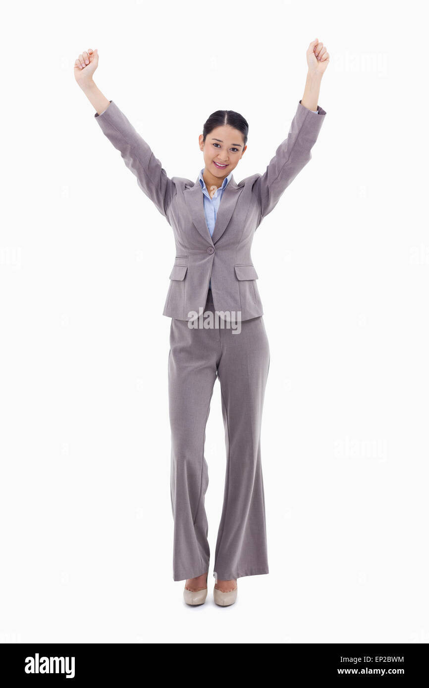 Portrait of a happy businesswoman posing with the arms up Stock Photo ...
