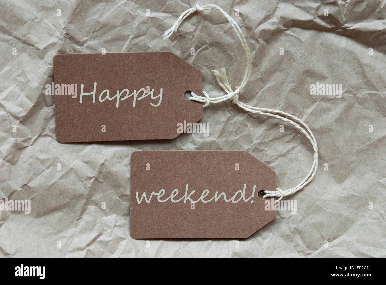 Brown Labels With Happy Weekend Paper Background Stock Photo - Alamy