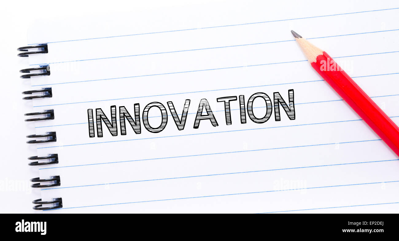 INNOVATION Text written on notebook page, red pencil on the right ...