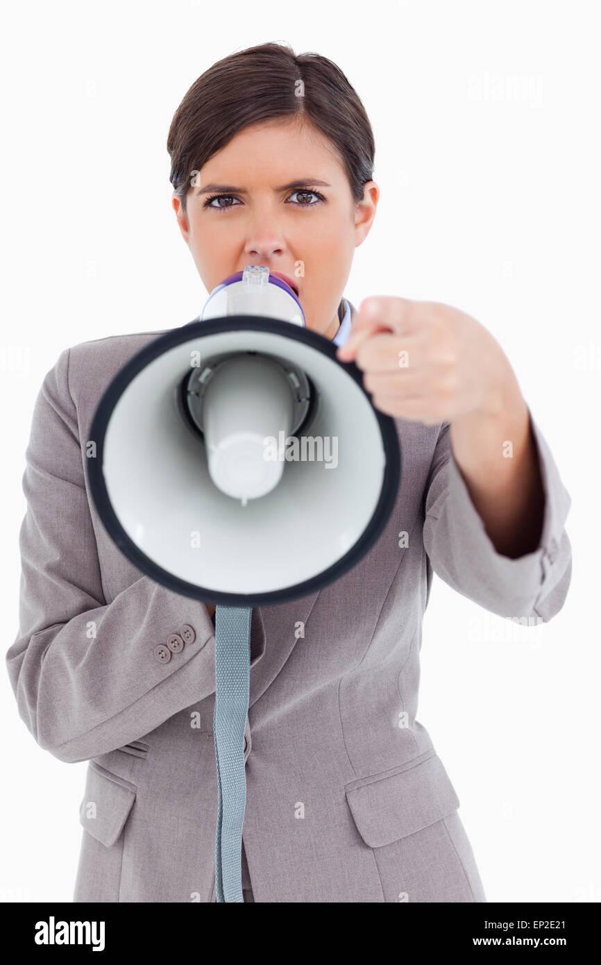 Close up of angry yelling entrepreneur with megaphone Stock Photo - Alamy