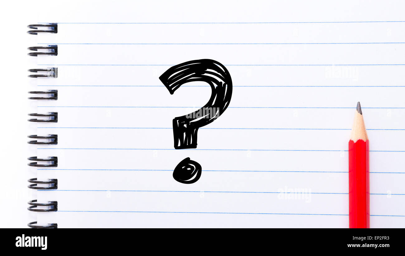 Question MarkText written on notebook page, red pencil on the right ...