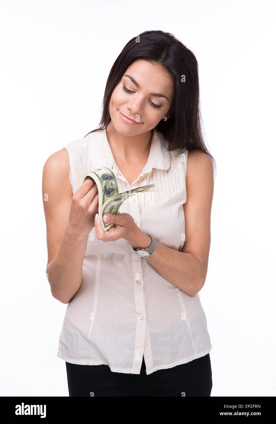 Happy woman counting money isolated white background Stock Photo - Alamy