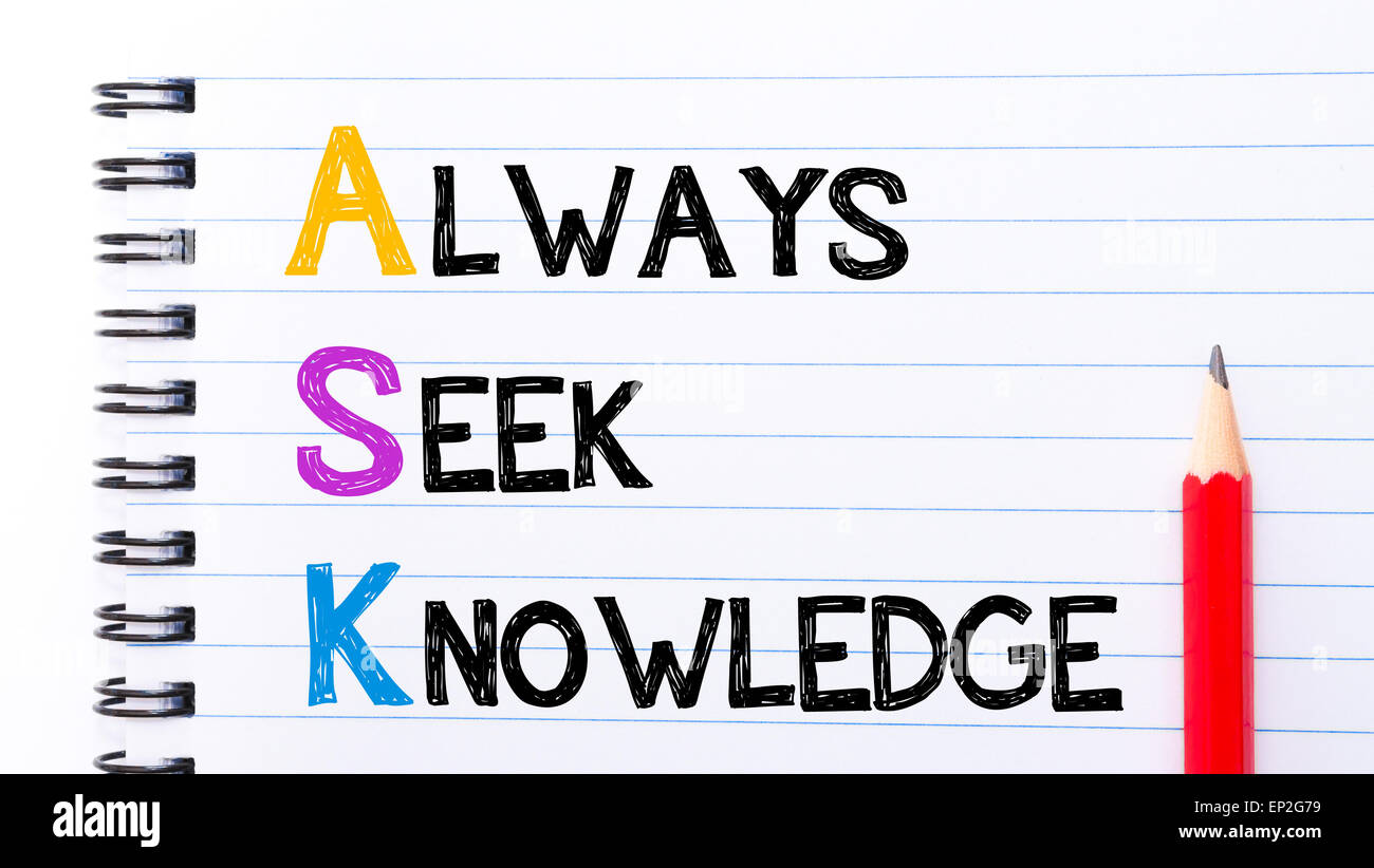 ASK as Always Seek Knowledge Text written on notebook page, red pencil ...