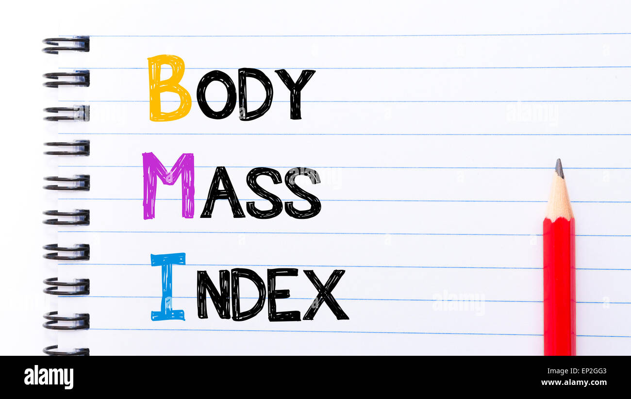 BMI as Body Mass Index Text written on notebook page, red pencil on the ...