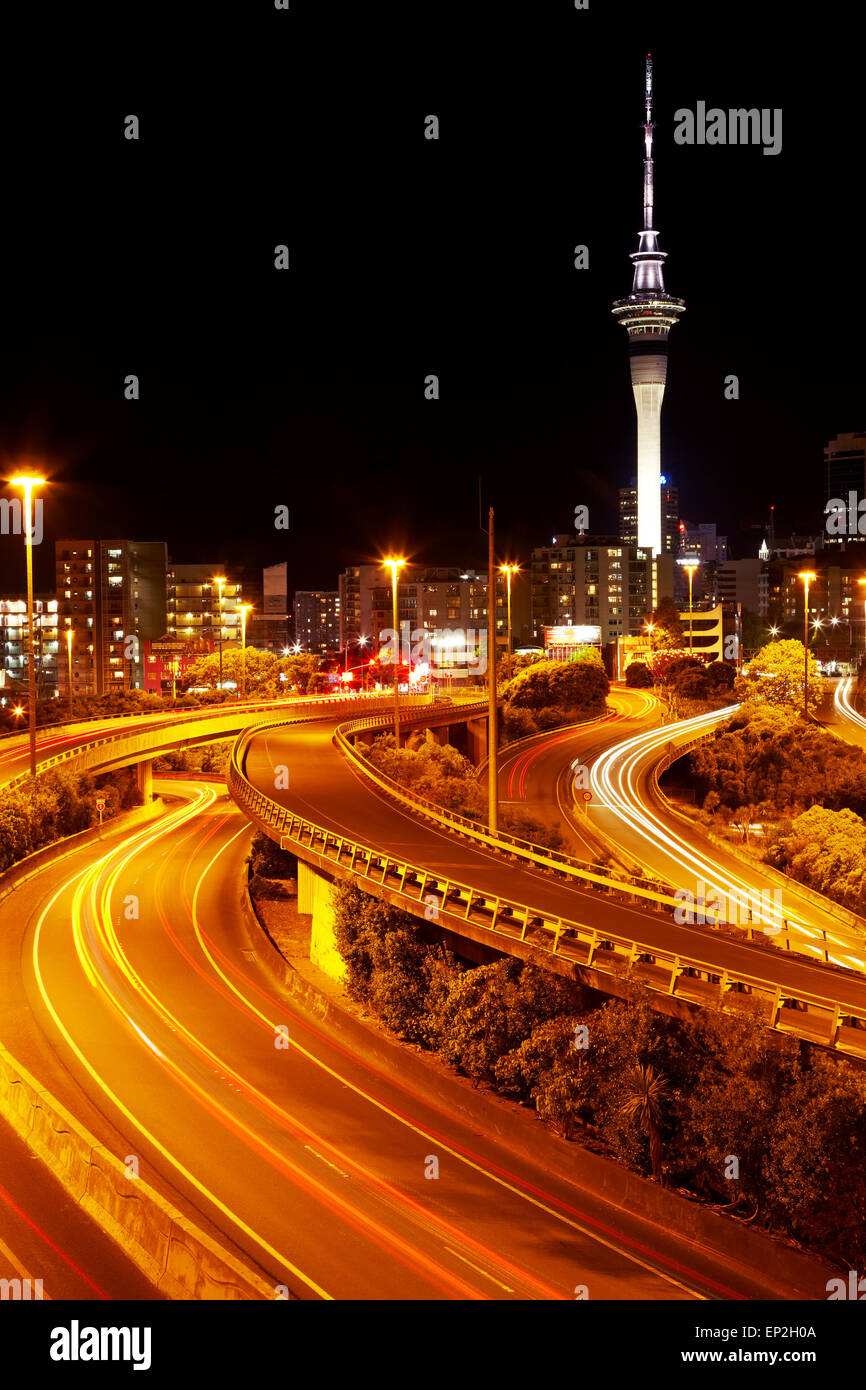 Motorways and Skytower, Auckland, North Island, New Zealand Stock Photo ...
