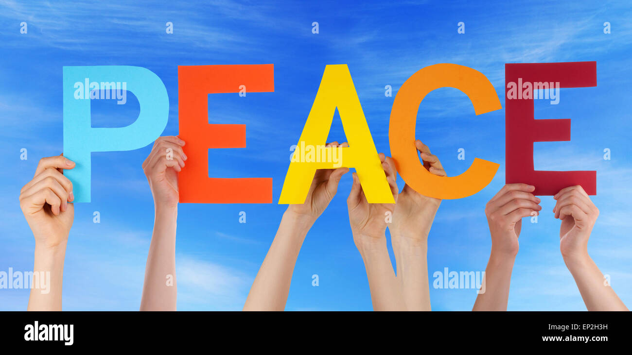 Hands Hold Colorful Straight Word Peace Blue Sky Stock Photo - Alamy
