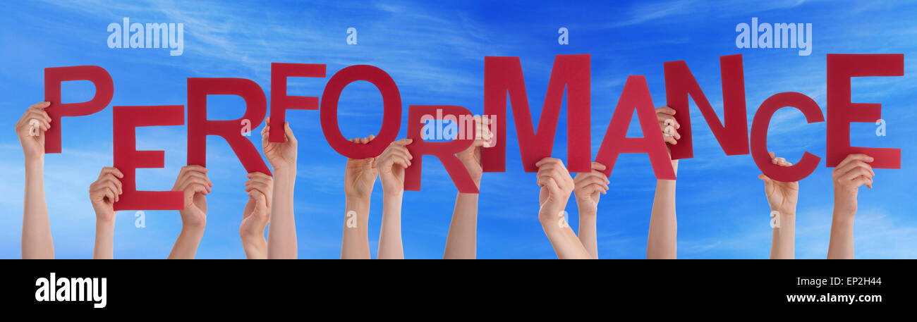 People Hands Holding Red Word Performance Blue Sky Stock Photo - Alamy