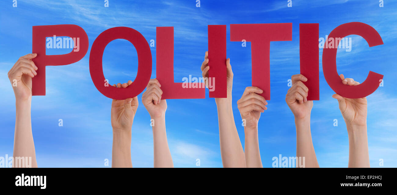 Hands Holding Red Straight Word Politic Blue Sky Stock Photo - Alamy