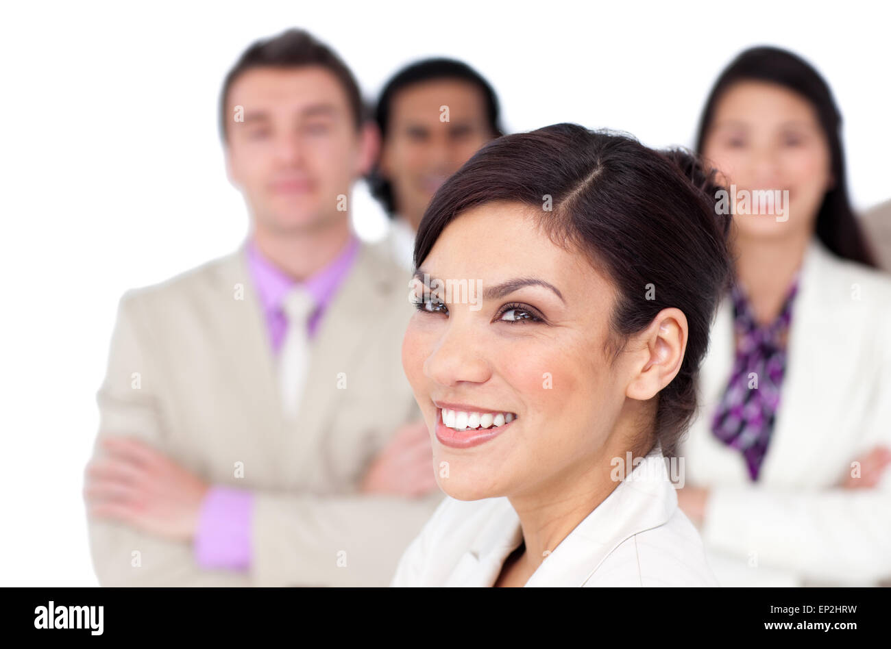 Brunette female executive presenting her team Stock Photo - Alamy