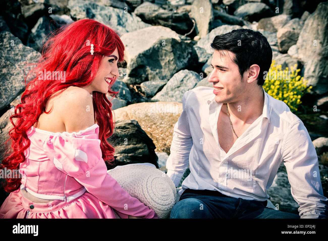 Romantic Fairy Tale Couple Sitting on Rocks at River Side in Peaceful ...