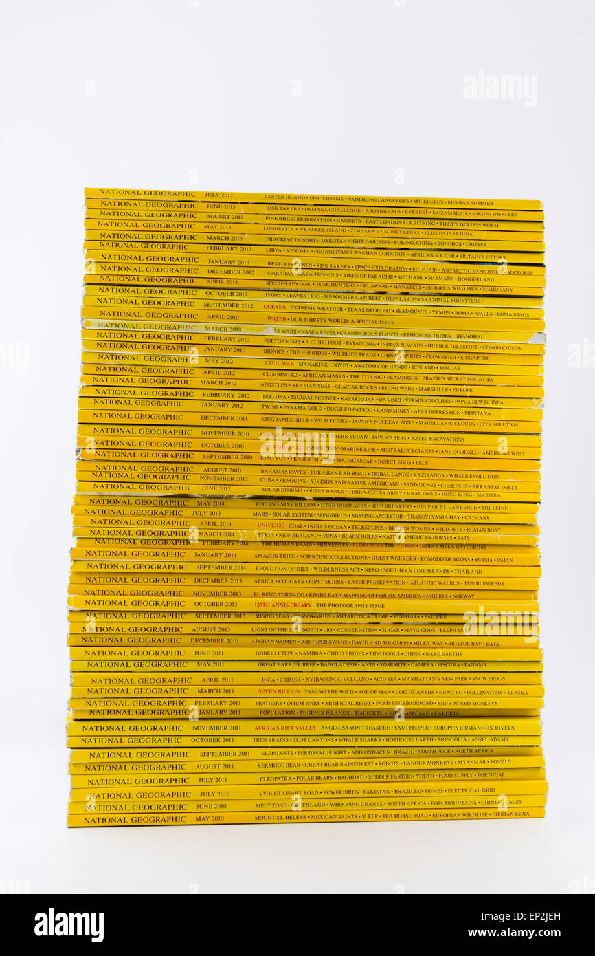 Stack of National Geographic magazines against a white background Stock ...