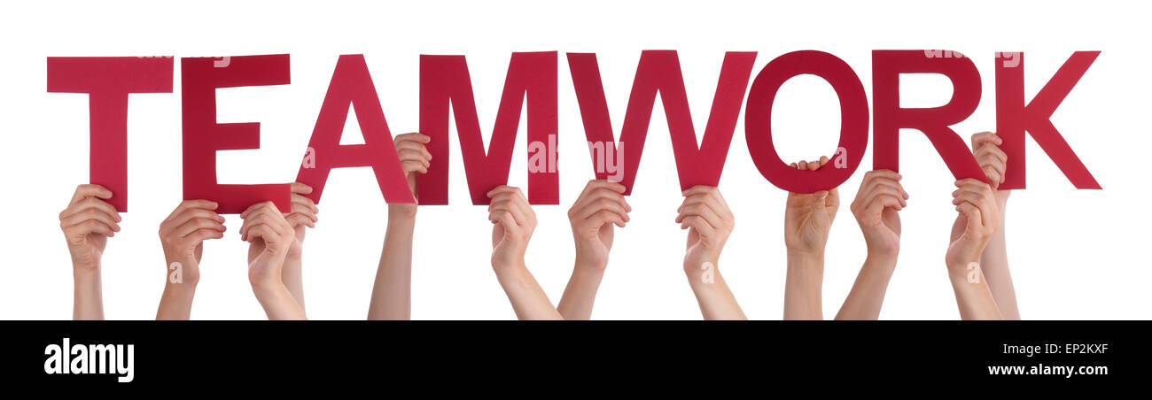 People Hands Holding Red Straight Word Teamwork Stock Photo - Alamy