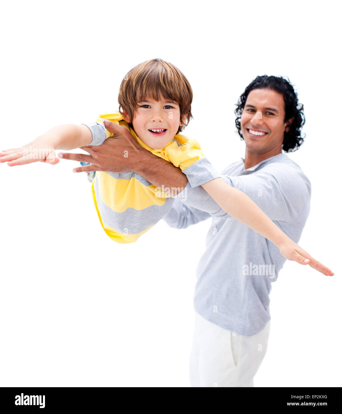 Animated father and his son playing together isolated on a white ...