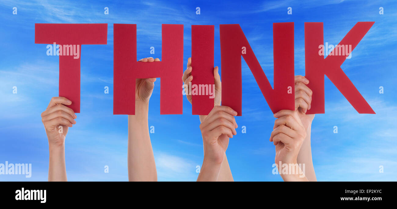 Hands Holding Red Straight Word Think Blue Sky Stock Photo - Alamy