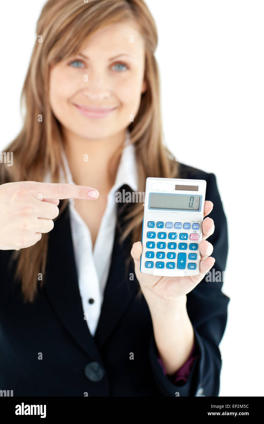 Isolated woman showing at a calculator Stock Photo - Alamy