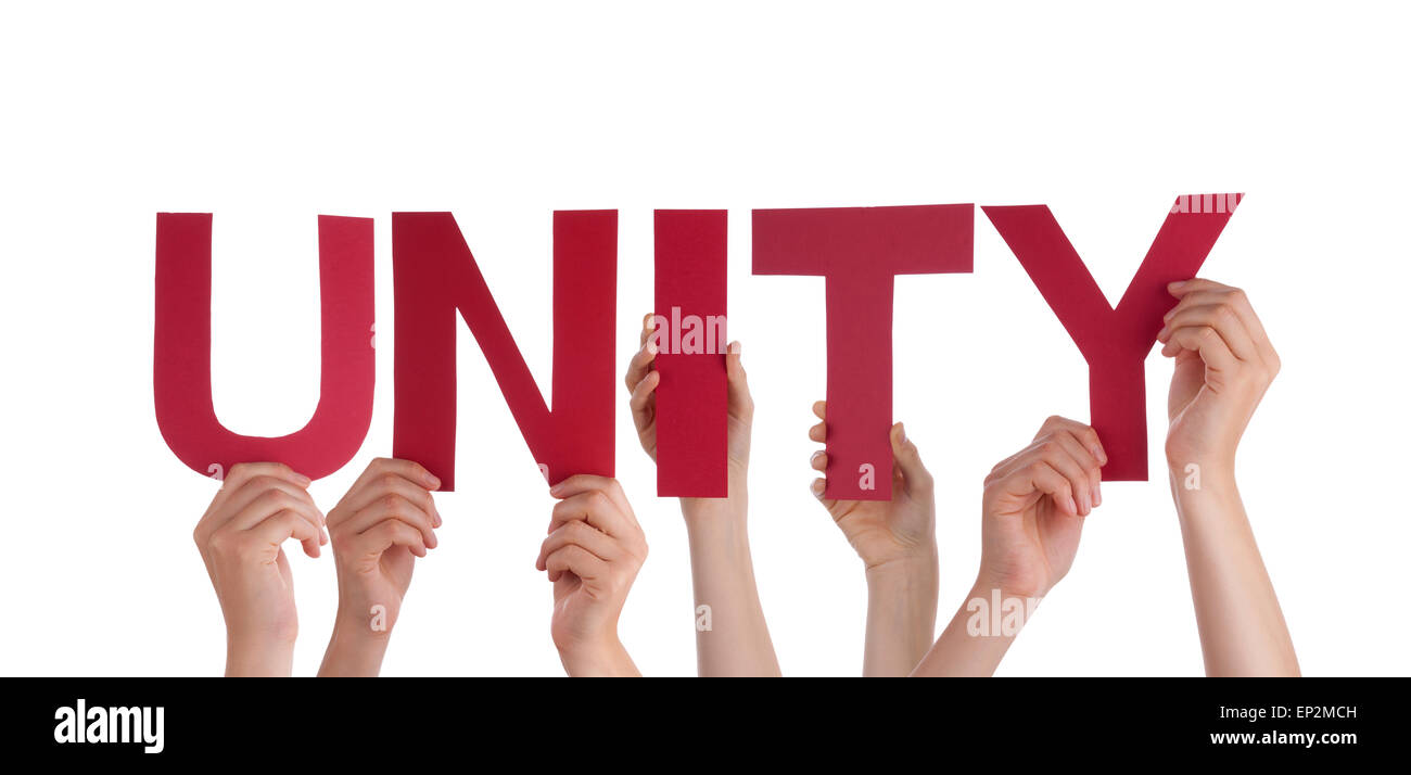 Many People Hands Holding Red Straight Word Unity Stock Photo - Alamy