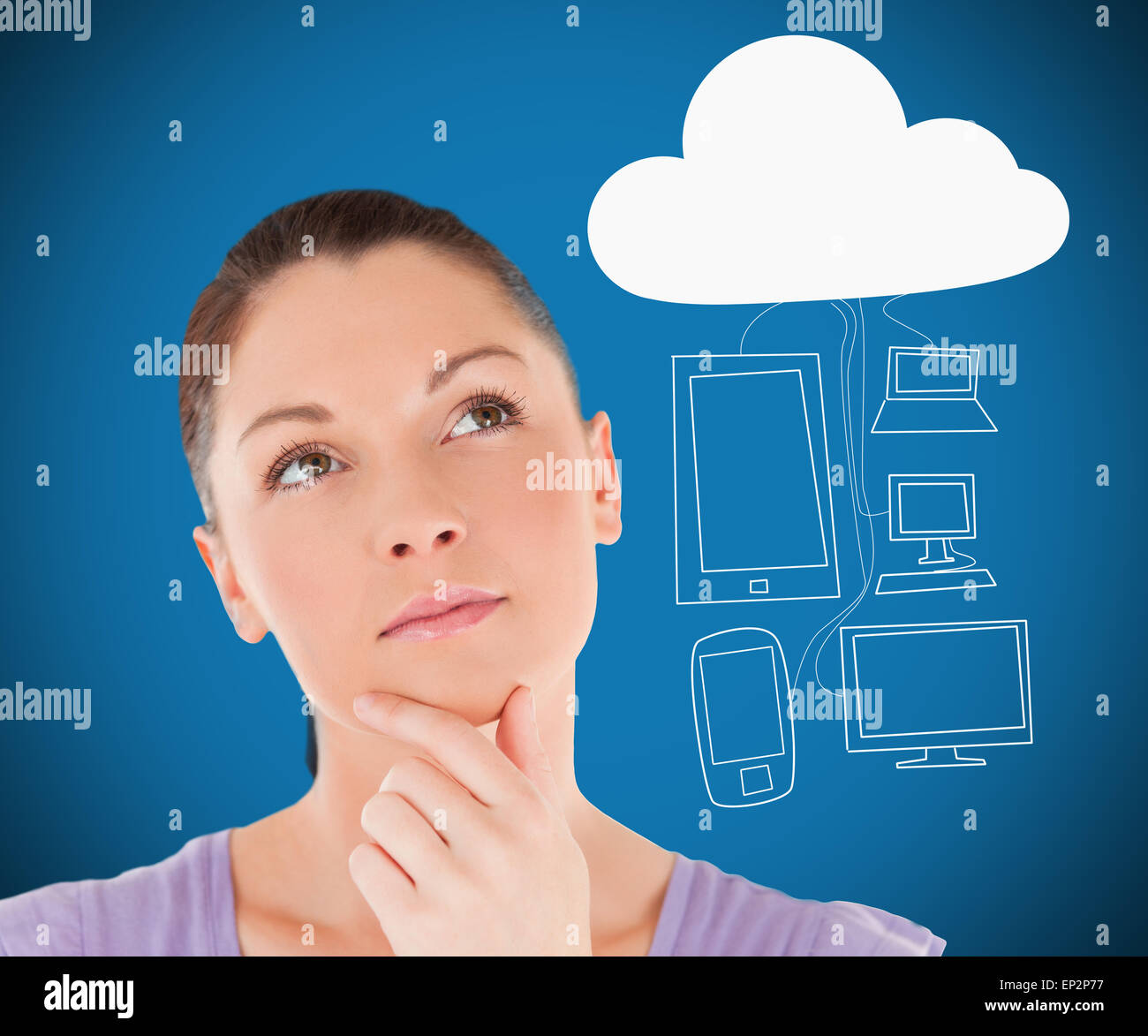 Woman thinking about media devices connecting through cloud computing ...