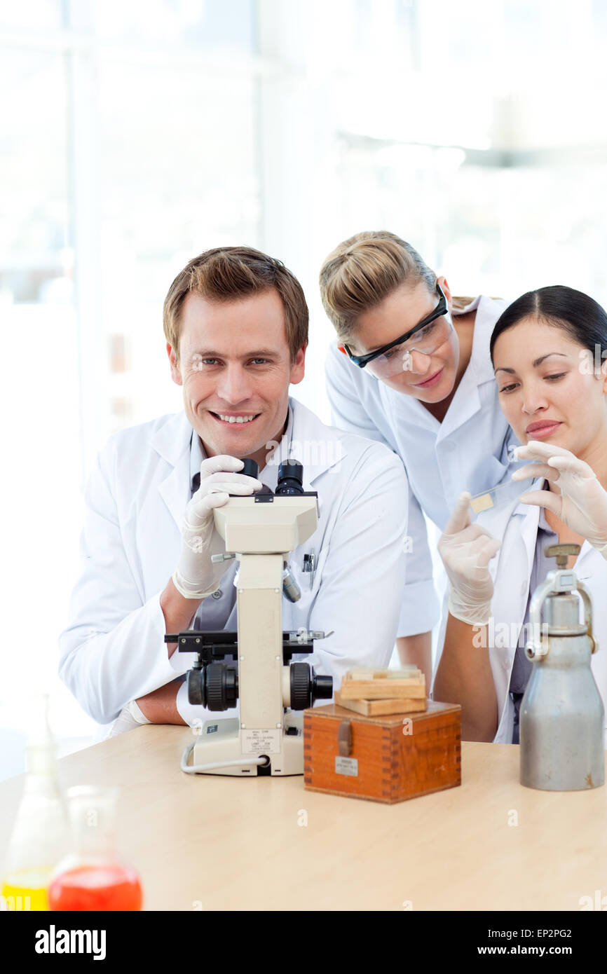 Scientists looking at a slide under a microscope Stock Photo - Alamy