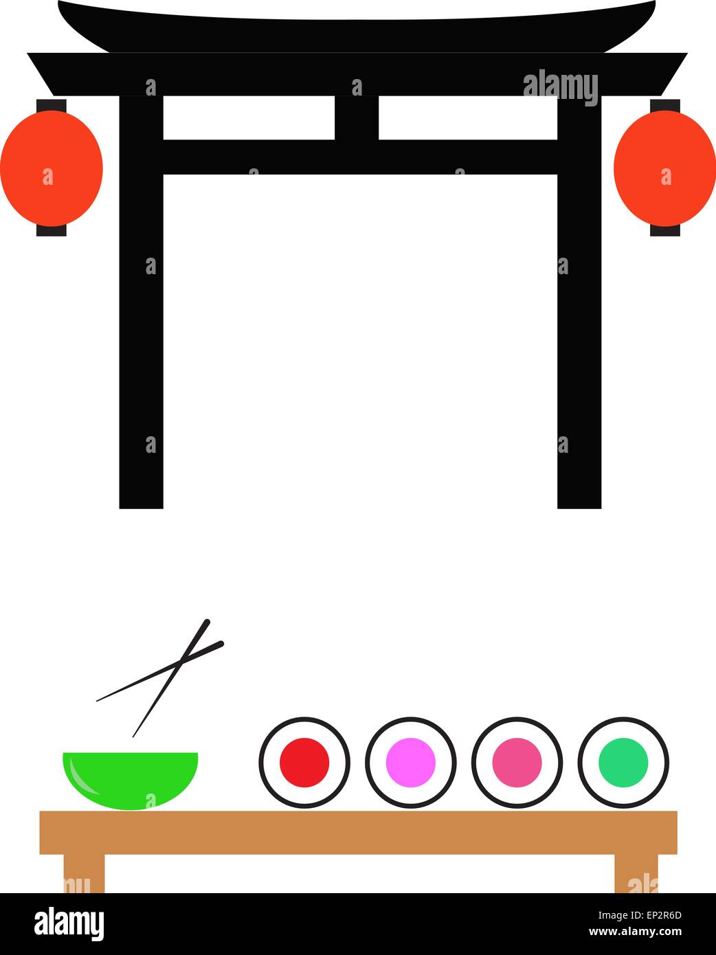 Japanese gate and a table with sushi. Vector illustration Stock Vector ...